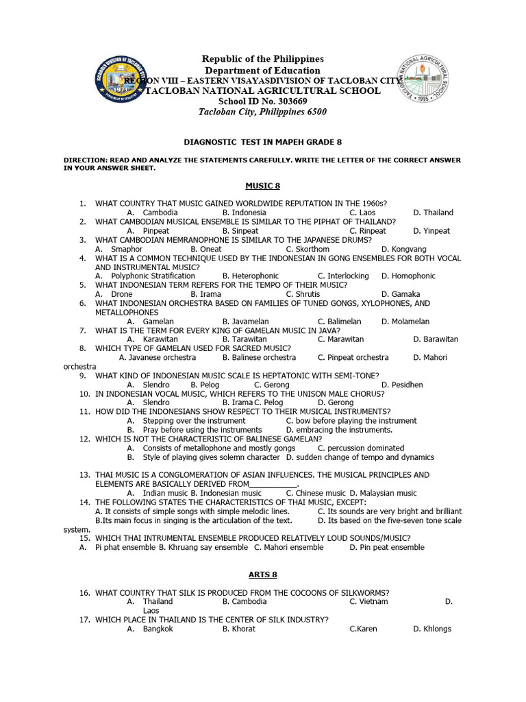 Diagnostic Test in Mapeh Grade 8 | PDF | Physical Fitness | Gender