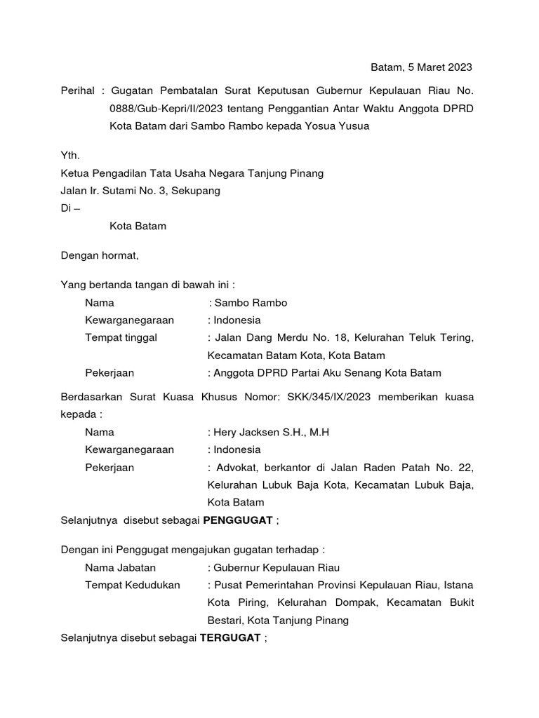 Surat Gugatan PTUN - Kelompok 6 | PDF