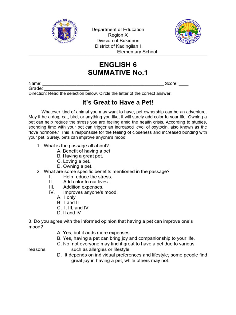 English 6-Summative Test | PDF | Pet | Picnic