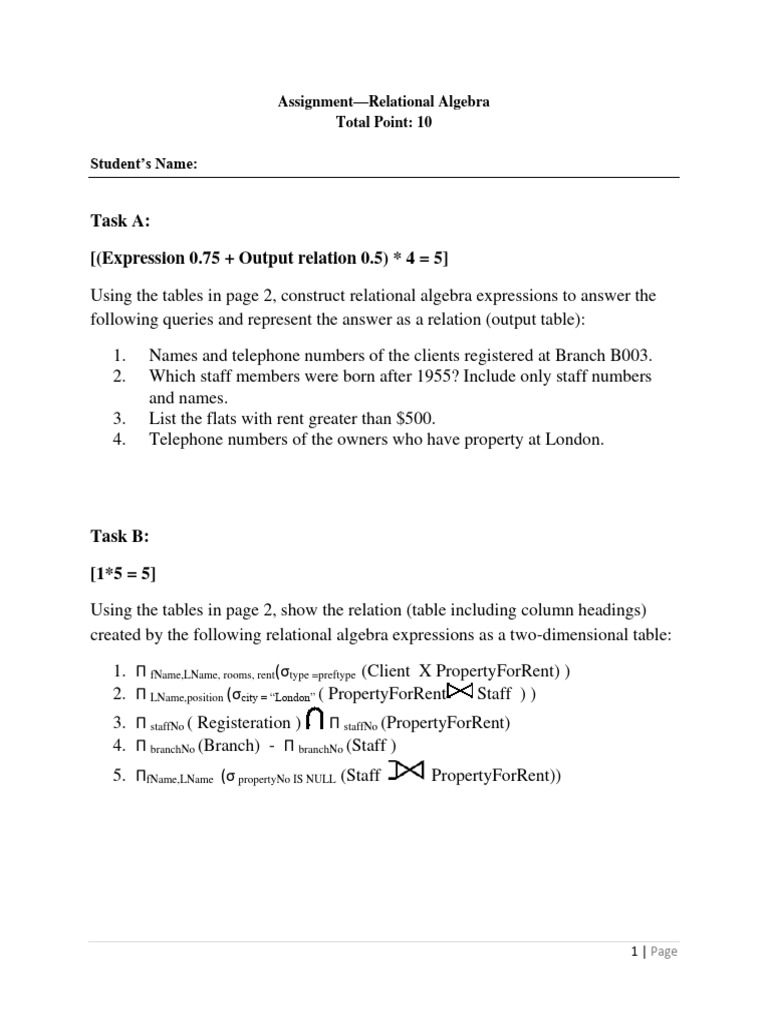 Assignment Relational Algebra | PDF | Databases | Algebra Assignment Relational Algebra | PDF | Databases | Algebra