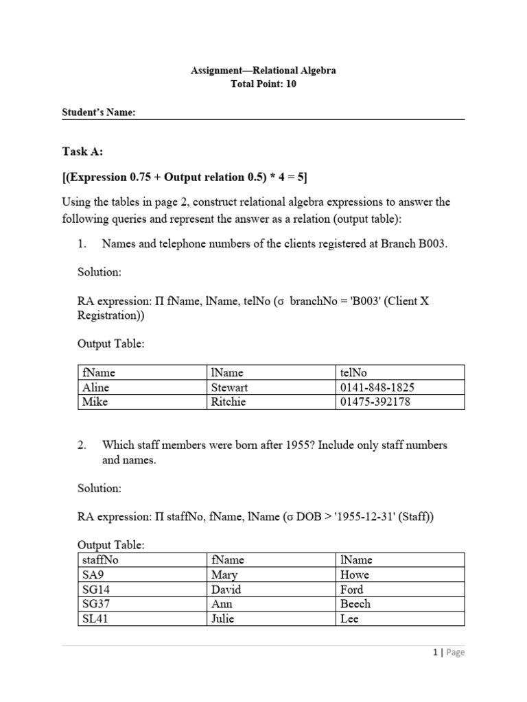 Assignment - Relational Algebra | PDF | Data Management Software | Data Model