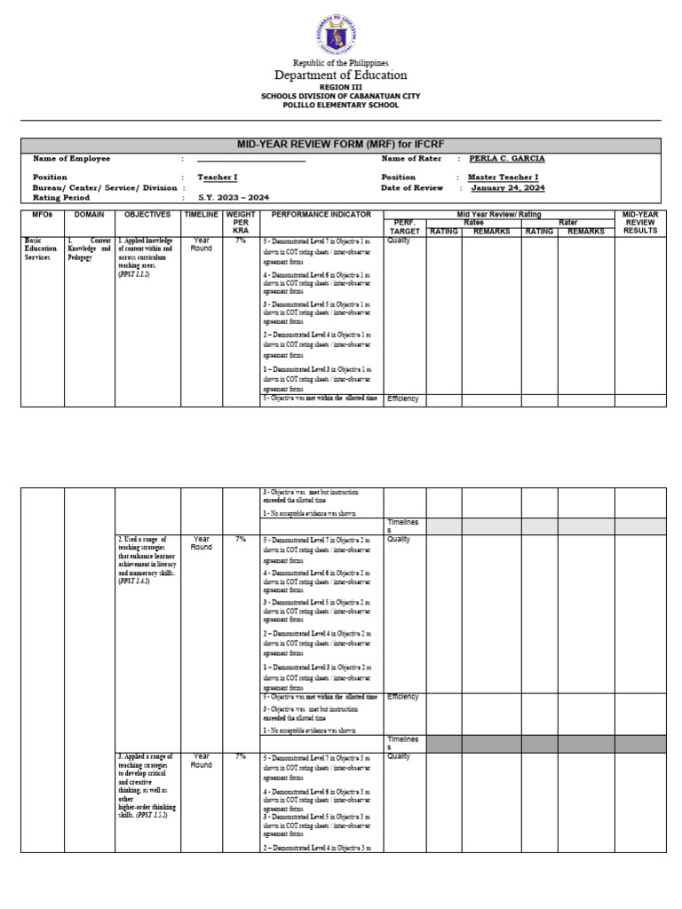 Mid Year IPCRF 2023 2024 | PDF | Educational Assessment | Learning