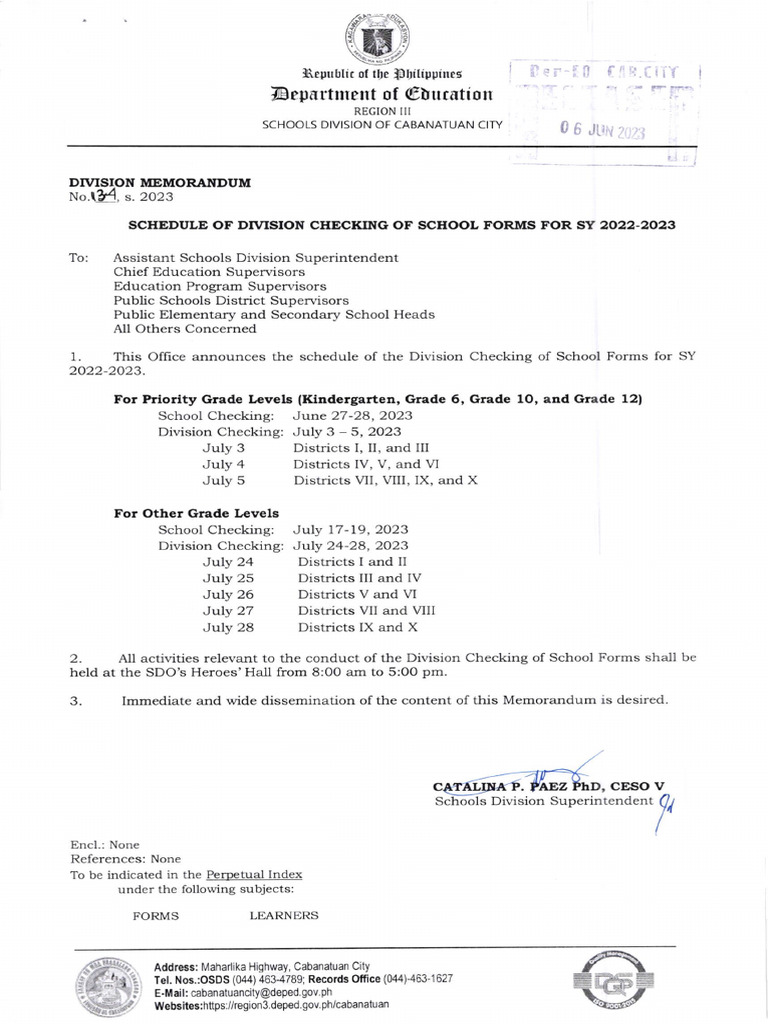DM No. 134 S. 2023 Schedule of Division Checking of School Forms For Sy ...