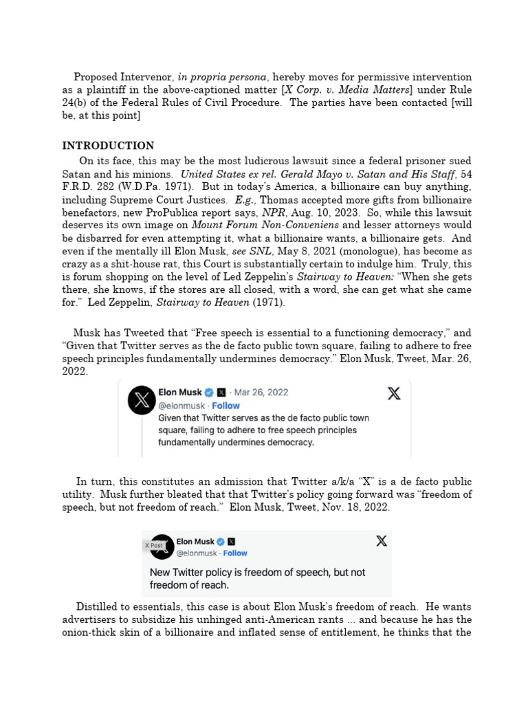 Motion To Intervene in Musk Lawsuit - Draft | PDF | Elon Musk ...