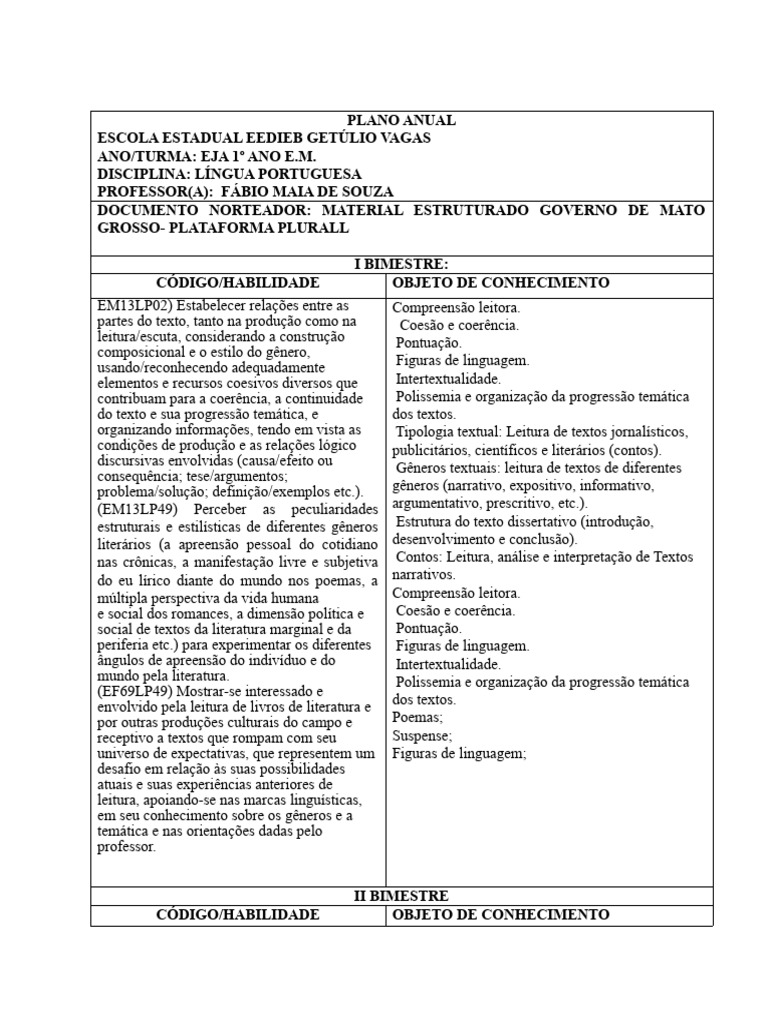 Plano Anual Eja - 1º Ano em - Eja | PDF