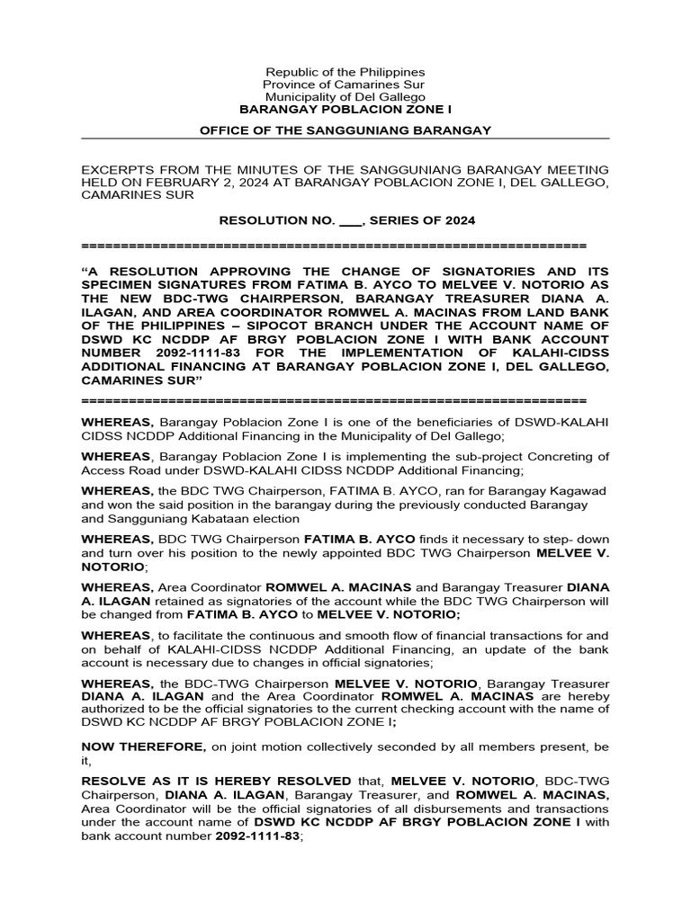 ZONE I Change Signatory Reso - LONG - 012854 | PDF | Government