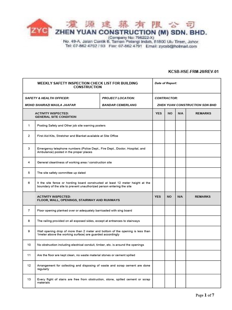 Weekly Safety Inspection Checklist | PDF | Personal Protective ...