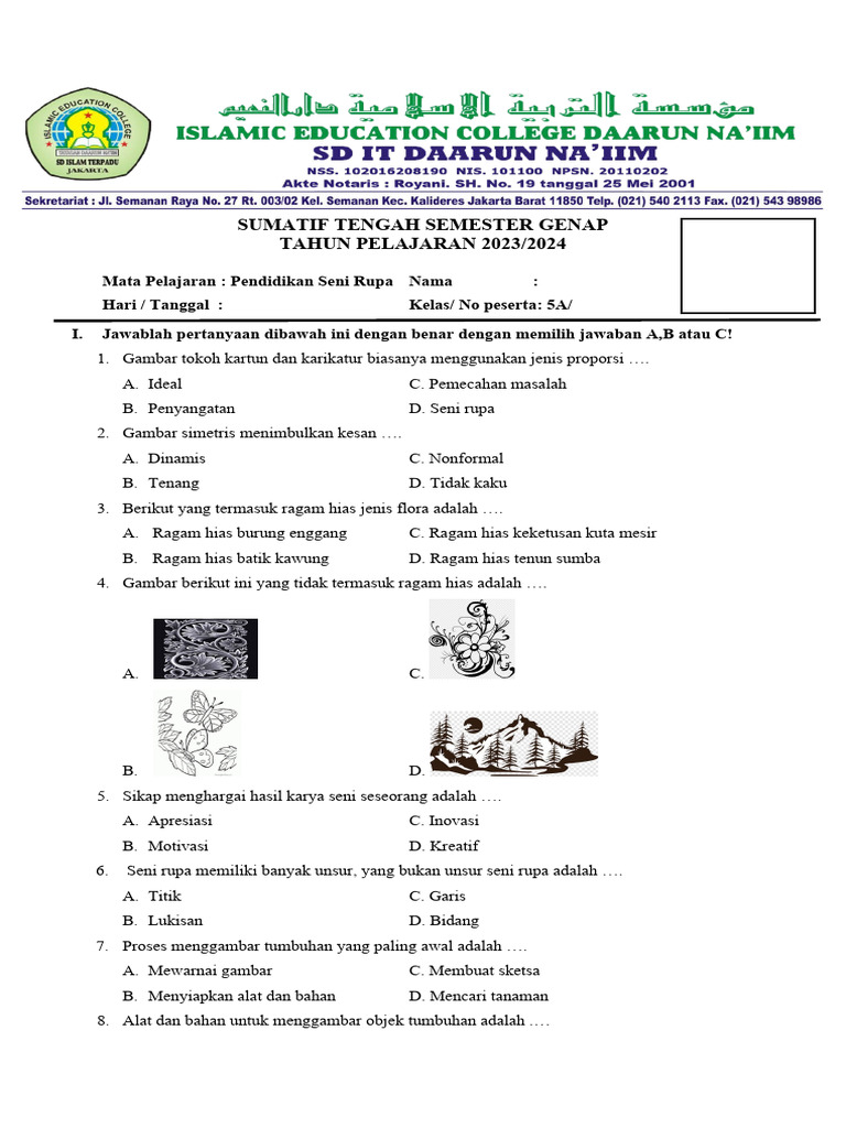 Soal Seni Rupa Kelas 5 | PDF | Griya & Taman | Seni