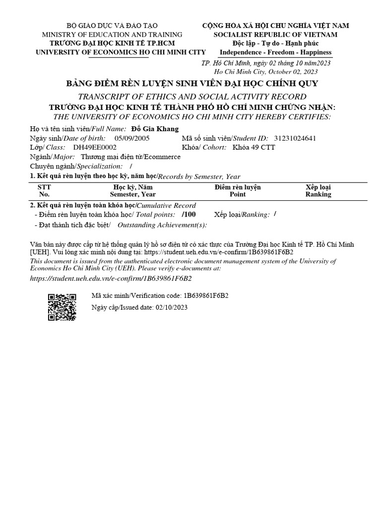 Bảng Điểm Rèn Luyện Sinh Viên | PDF