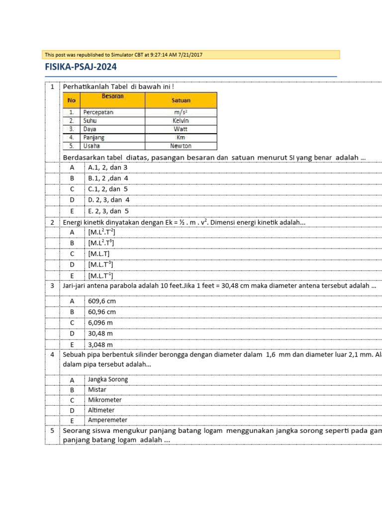 Soal Fisika SI dan Dimensi 2024 | PDF
