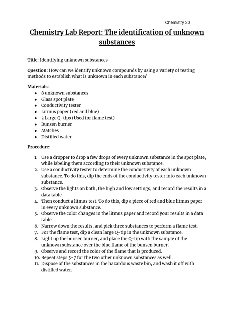 Identifying Unknown Substances | PDF | Acid | Chemical Substances