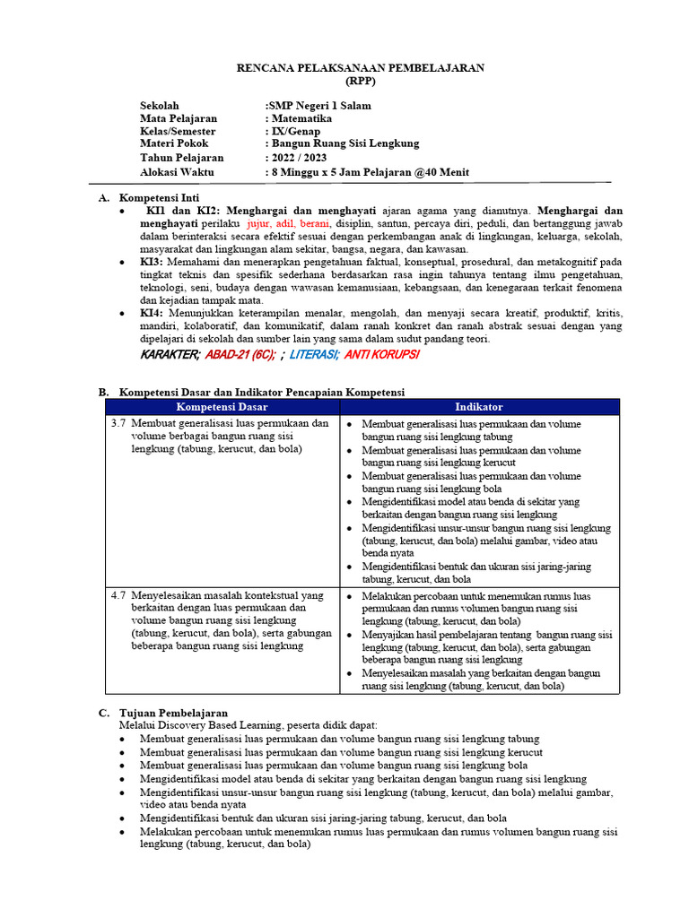 RPP Bangun Ruang Sisi Lengkung 2324 | PDF