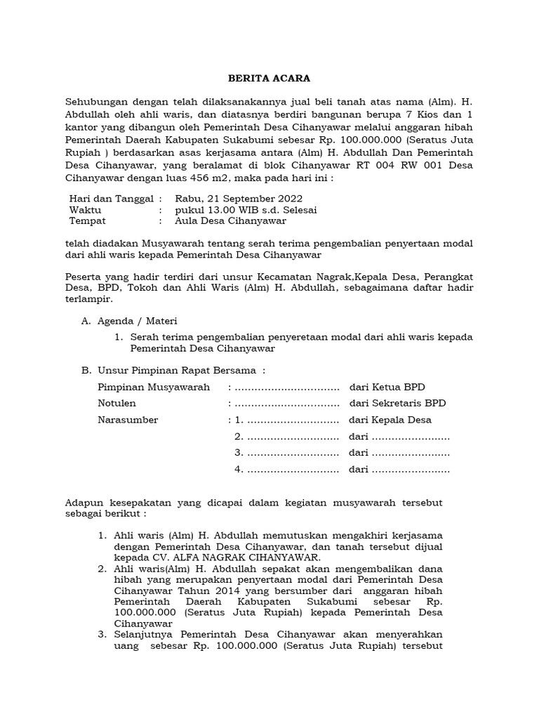 Musyawarah Serah Terima Tanah Cihanyawar | PDF