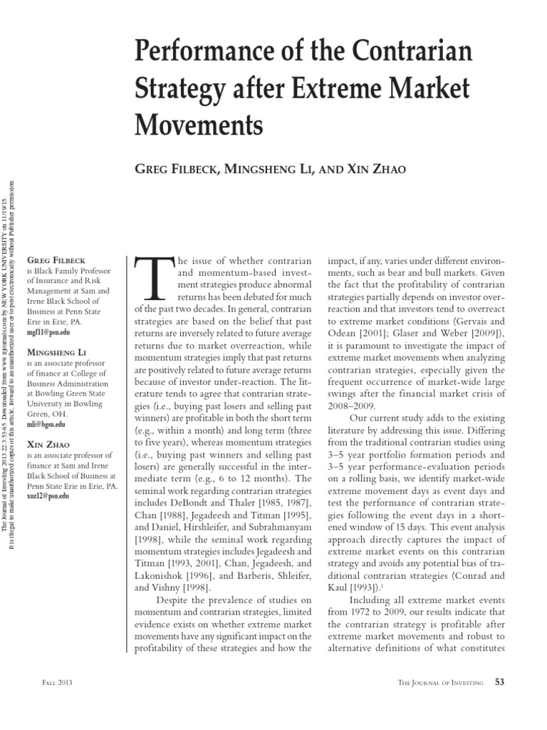 Performance of The Contrarian Strategy After Extreme Market Movements ...