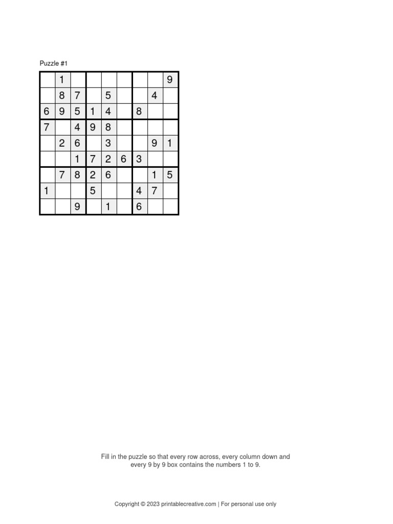9x9 Sudoku Puzzle by Printablecreative | PDF | Teaching Methods & Materials