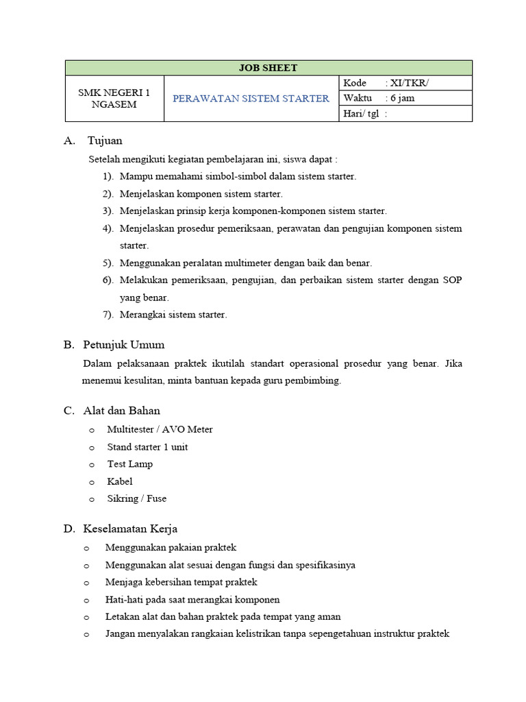 Job Sheet Perawatan Sistem Starter | PDF