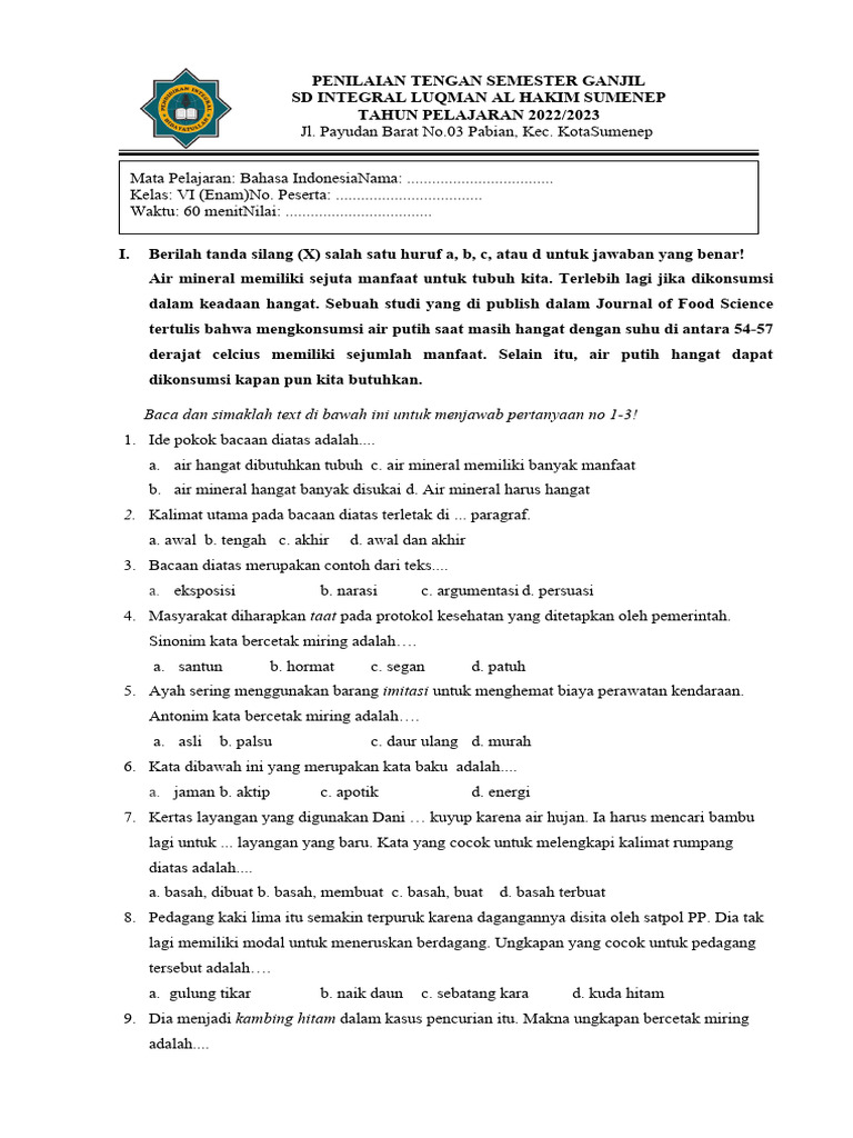 PAS Ganjil BAHASA INDONESIA KELAS 6 2022 Fix | PDF