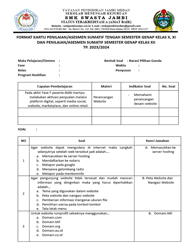 Format Soal Penilaian Sem Genap Tp. 2324 | PDF
