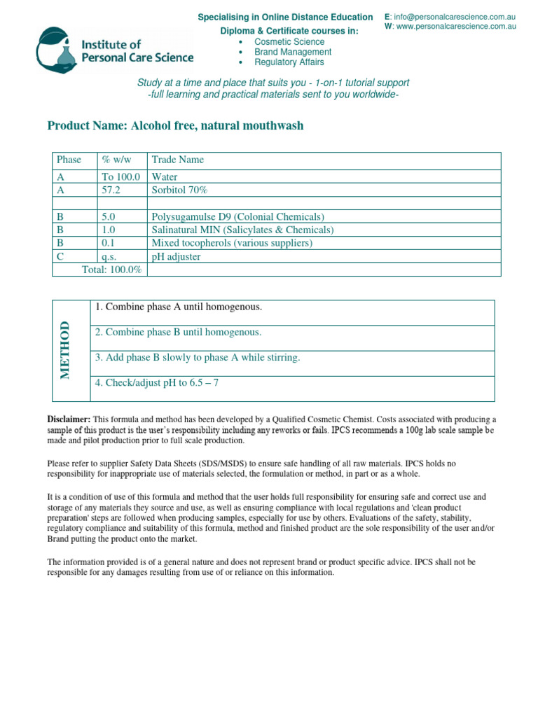 Natural Alcohol-Free Mouthwash Formula | PDF