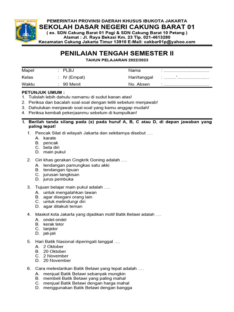 Soal PTS Ii - Kelas 4 - PLBJ - Tapel 2022-2023 | PDF