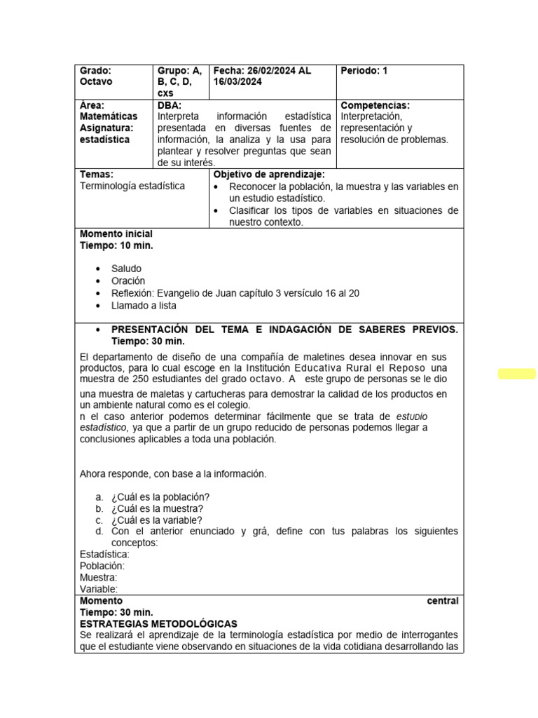 Estadisticas Grado 8 Clase Numero 2 | PDF | Estadísticas | Muestreo (Estadísticas)