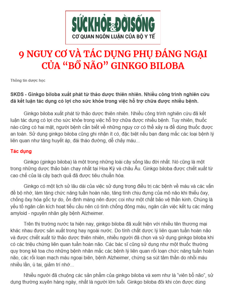 9 Nguy Cơ Và Tác D NG PH Đáng NG I C A - B Não - Ginkgo Biloba | PDF
