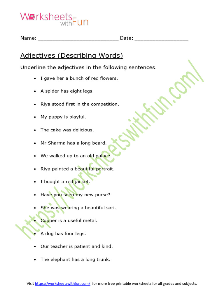 Adjectives (Describing Words) Worksheet 1 | PDF