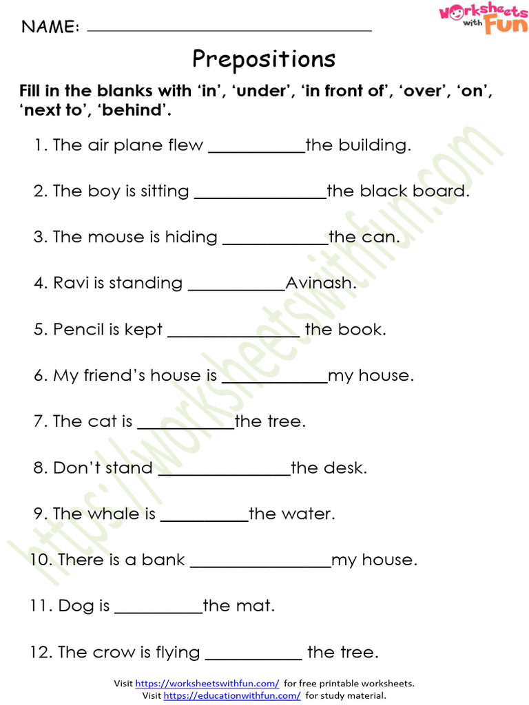 Prepositions Fill-in-the-Blank Worksheet | PDF