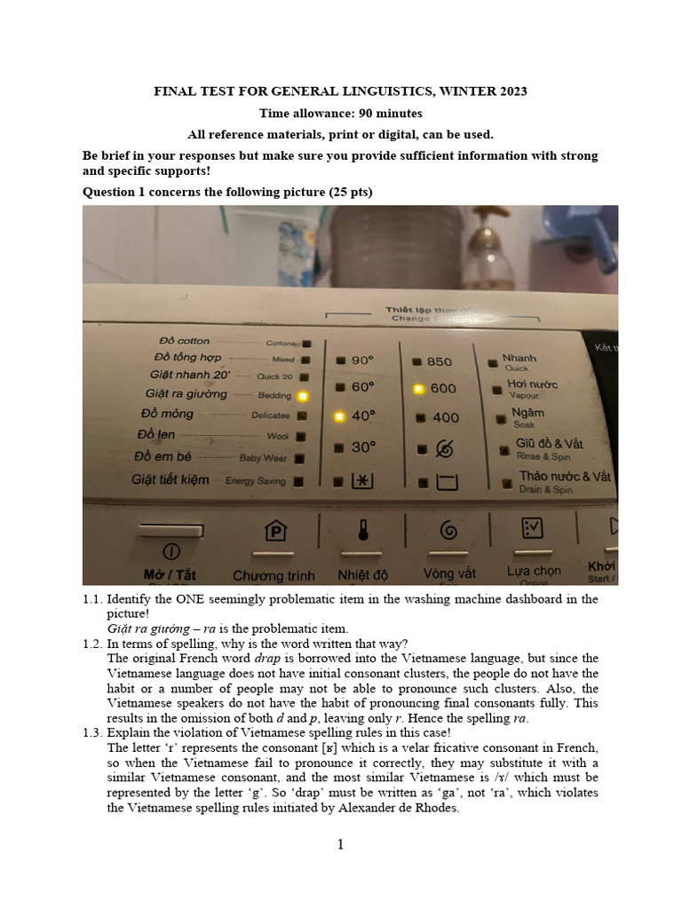 Linguistics Exam for Students | PDF | Syntax | Vietnamese Language