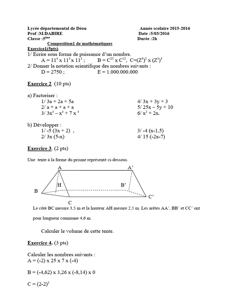 Composition Maths 5ème - Année 2015-2016 | PDF