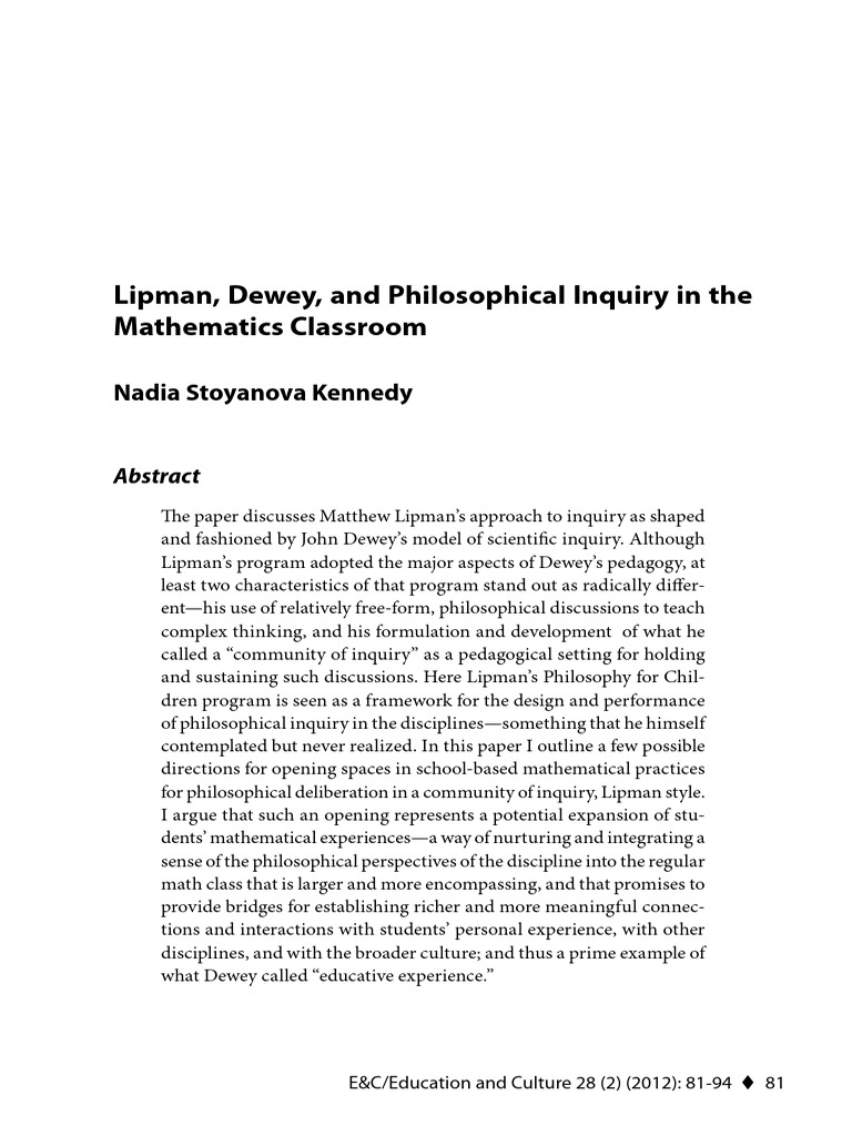 Philosophical Inquiry in The Mathematics Classroom - NKennedy | PDF ...