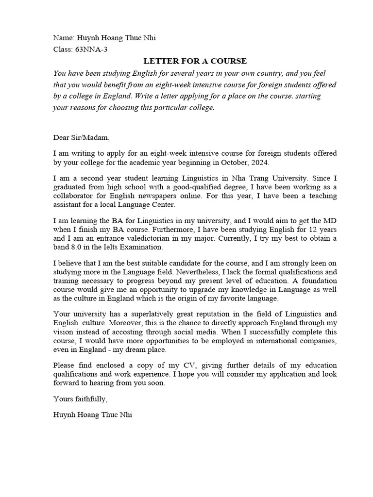 A Course Application Letter | PDF