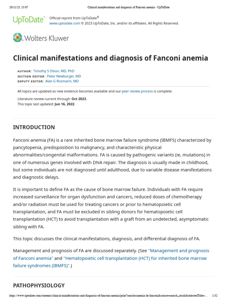 Clinical Manifestations and Diagnosis of Fanconi Anemia - UpToDate | PDF | Dna Repair ...