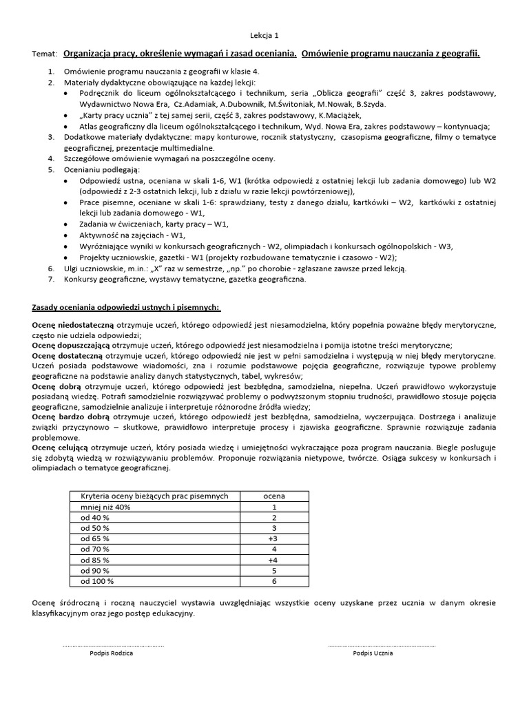 kl.4 - Lekcja Organizacyjna | PDF