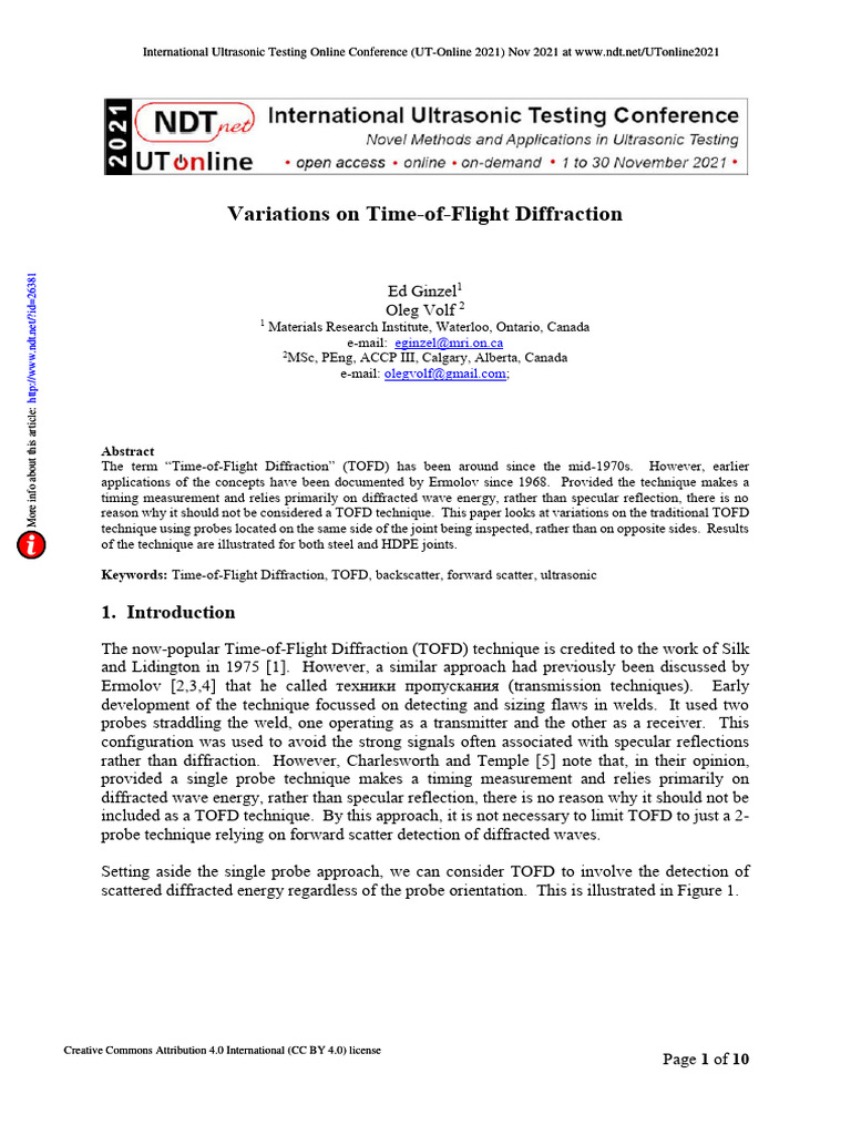 Variations in Time-of-Flight Diffraction | PDF | Nondestructive Testing ...