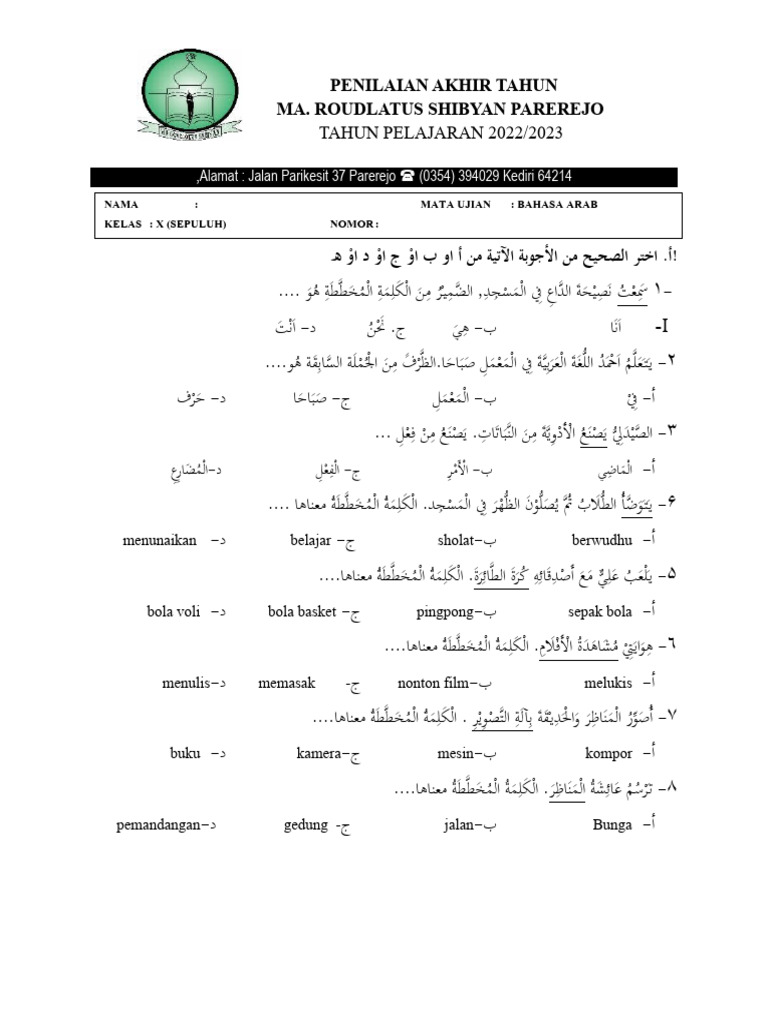 Pas Kelas 10 BHS Arab Genap 2022-2023 | PDF