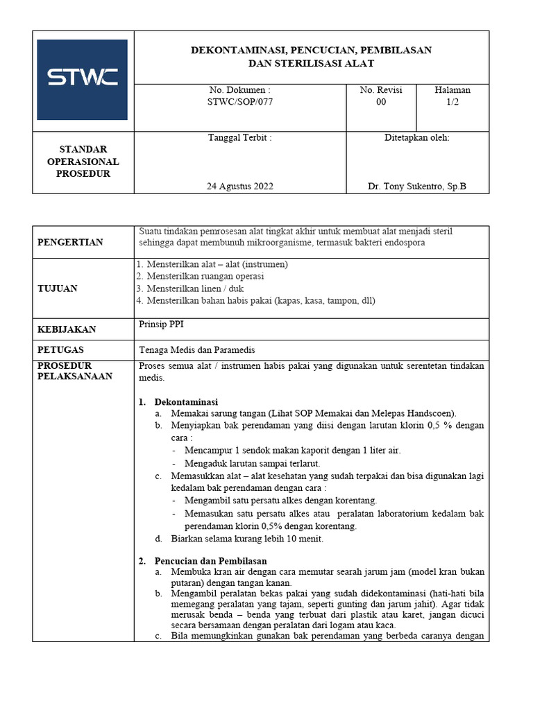 Sop 077 Dekontaminasi, Pencucian, Pembilasan Dan Sterilisasi Alat | PDF