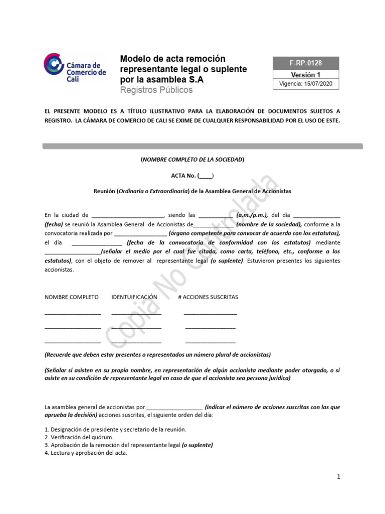 Acta de Remocion Cargo Sociedad | PDF | Quórum | Gobierno Acta de Remocion Cargo Sociedad | PDF | Quórum | Gobierno