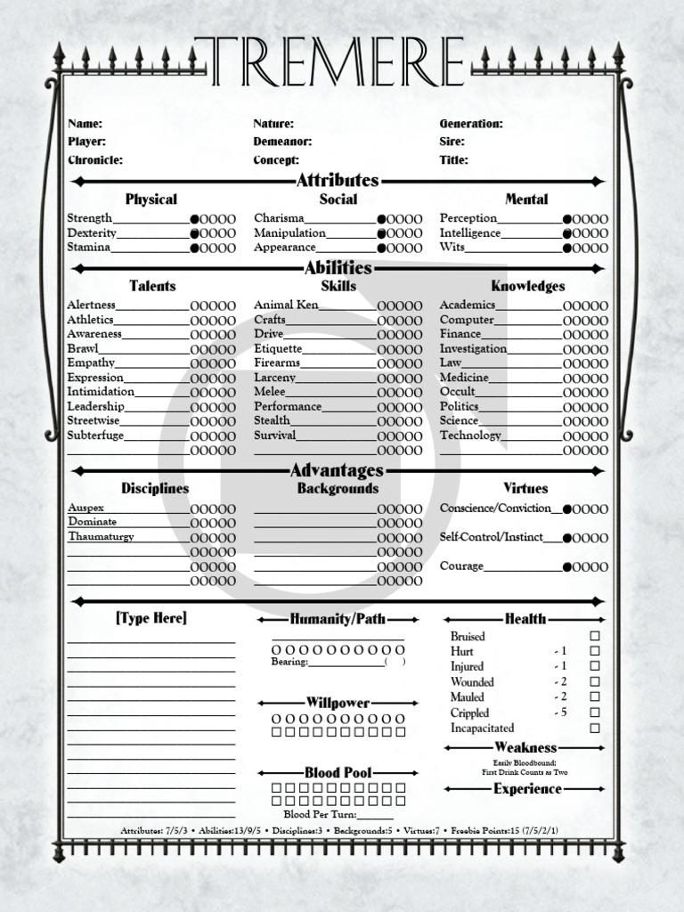 Tremere Character Sheet for VTM V20 | PDF