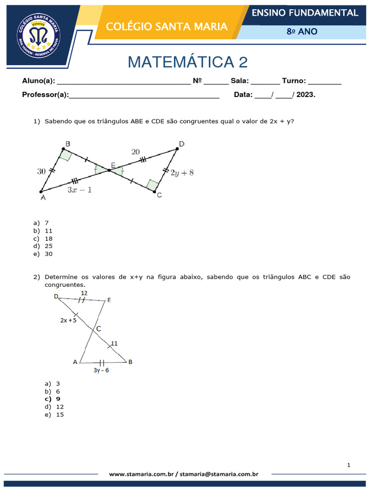 8º ANO - EXERCÍCIOS - MATEMÁTICA 2 - Triângulos | PDF | Triângulo ...