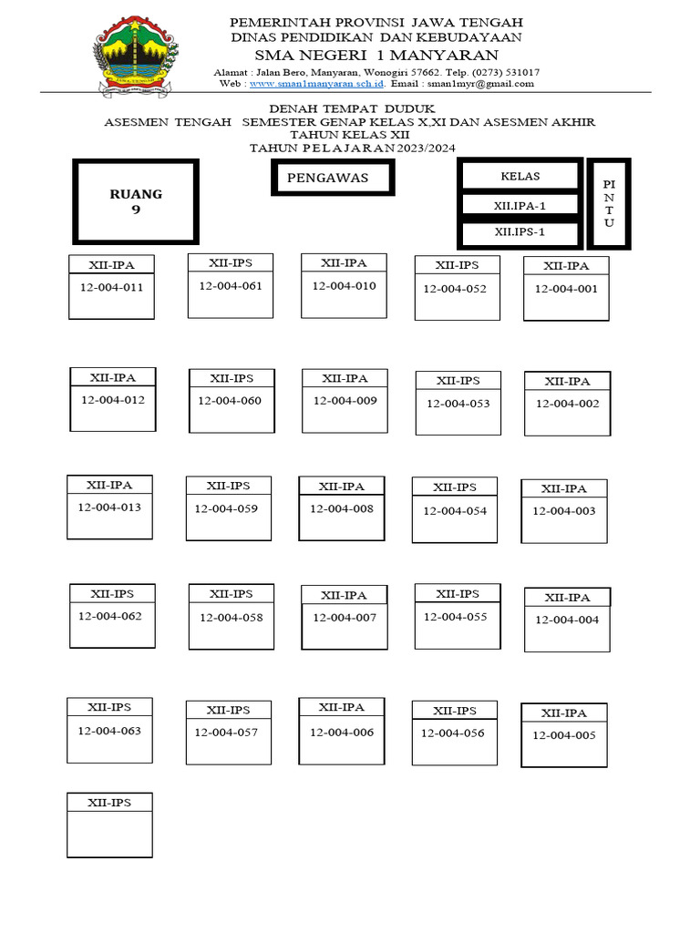 Denah Tempat Duduk Kelas 2023/2024 | PDF