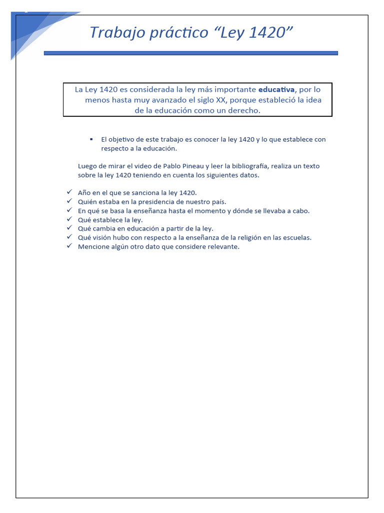 Ley 1420. Trabajo Practico | PDF