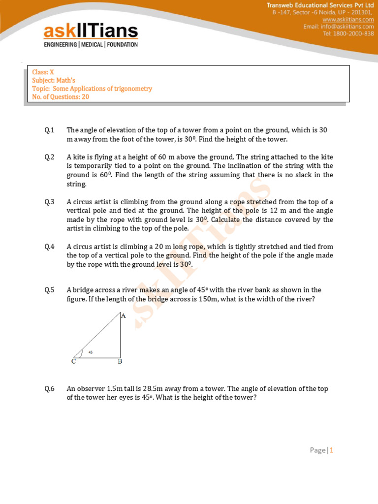 9. math-applications-of-trigonometry-questions | PDF | Height | Angle