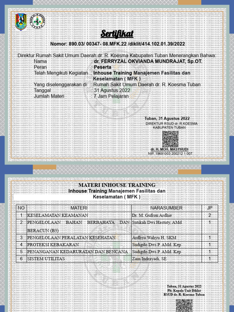 Sertifikat Inhouse Training MFK Tuban | PDF