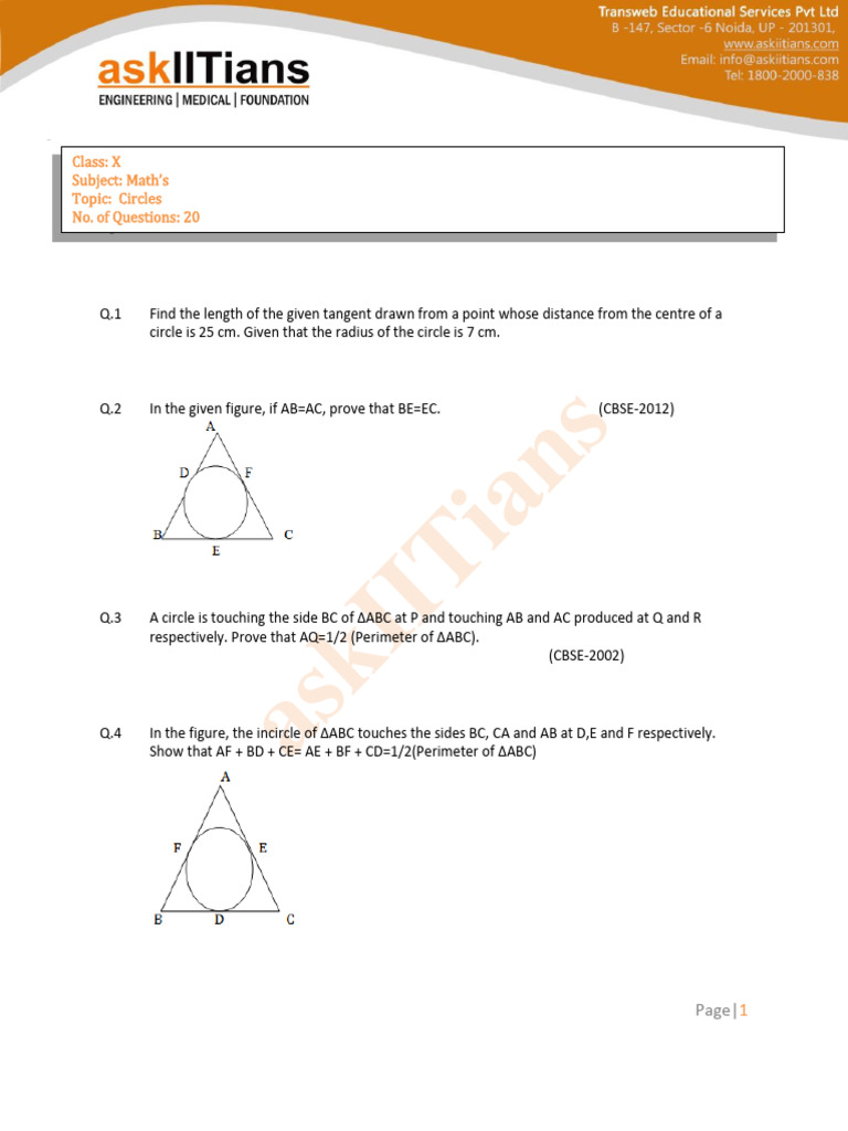 Circle Geometry Questions for Class X | PDF | Circle | Triangle