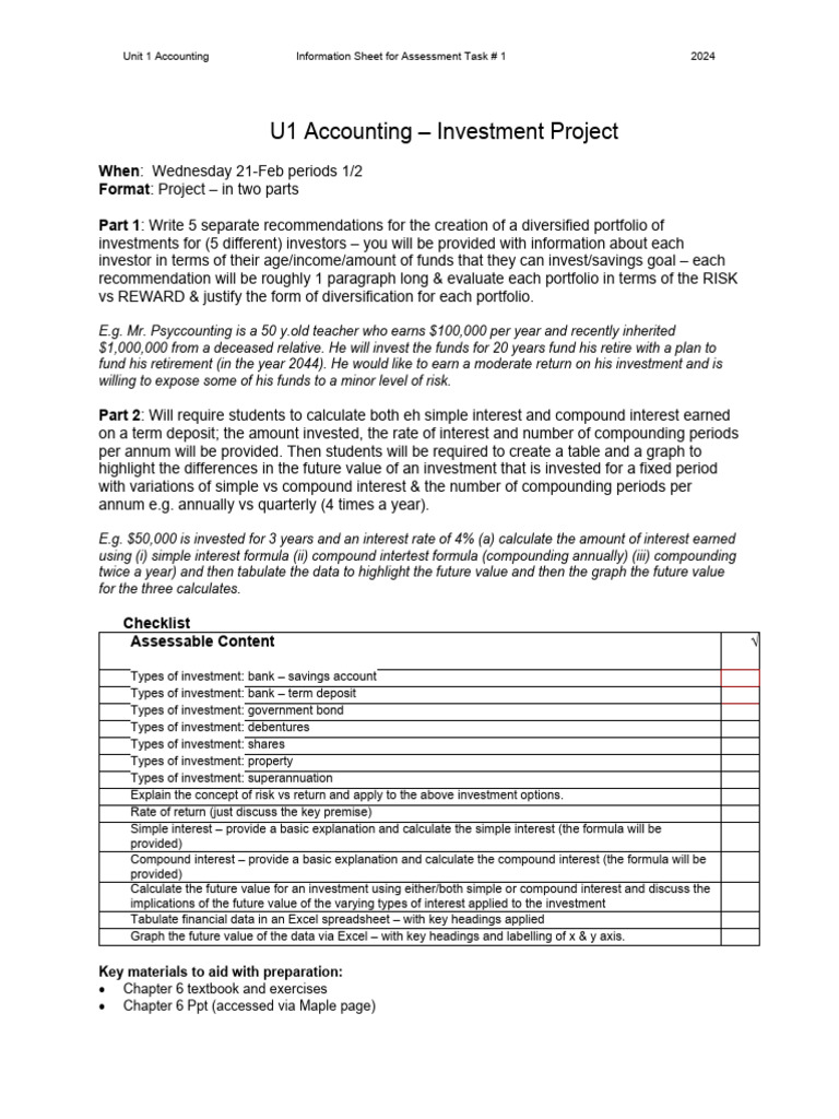 U1 Acc - Assessment Task # 1 Information Sheet - Investment Project | PDF | Interest | Investing