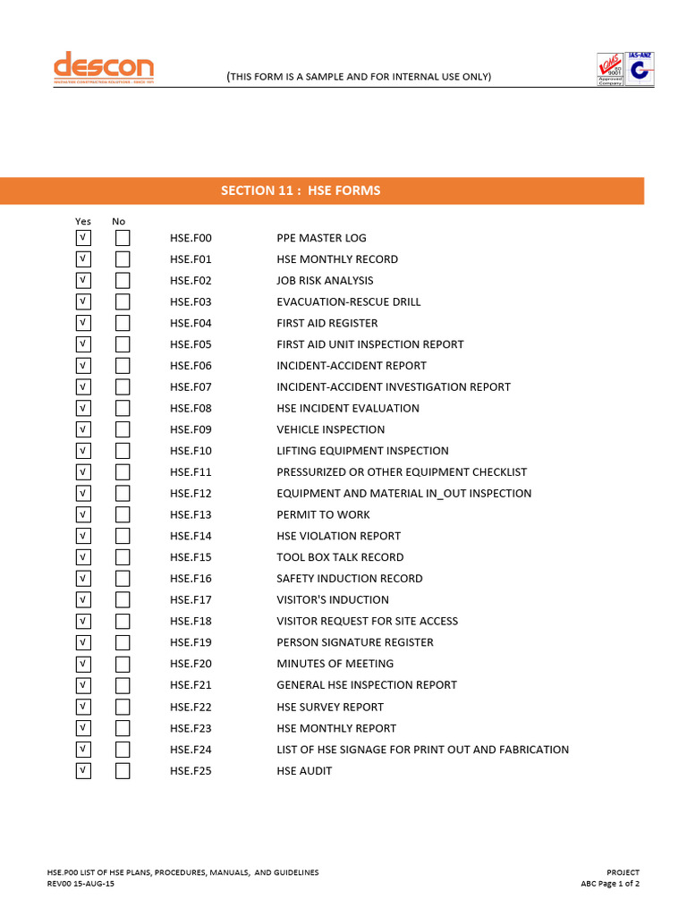 HSE Forms and Procedures Overview | PDF | Safety | Occupational Safety ...