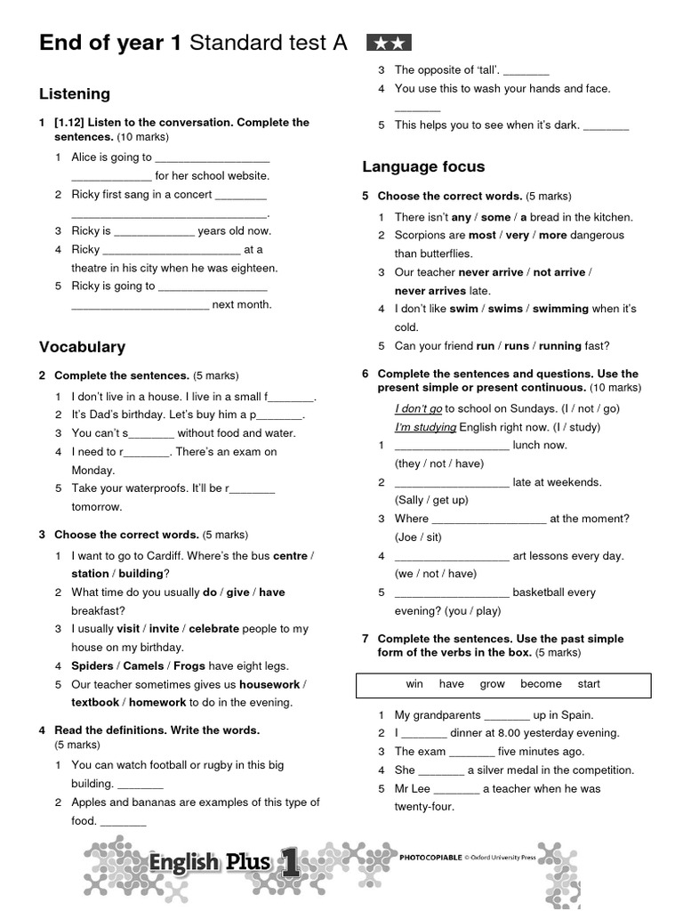 Year 1 English Standard Test A | PDF | Foreign Language Studies | Self ...