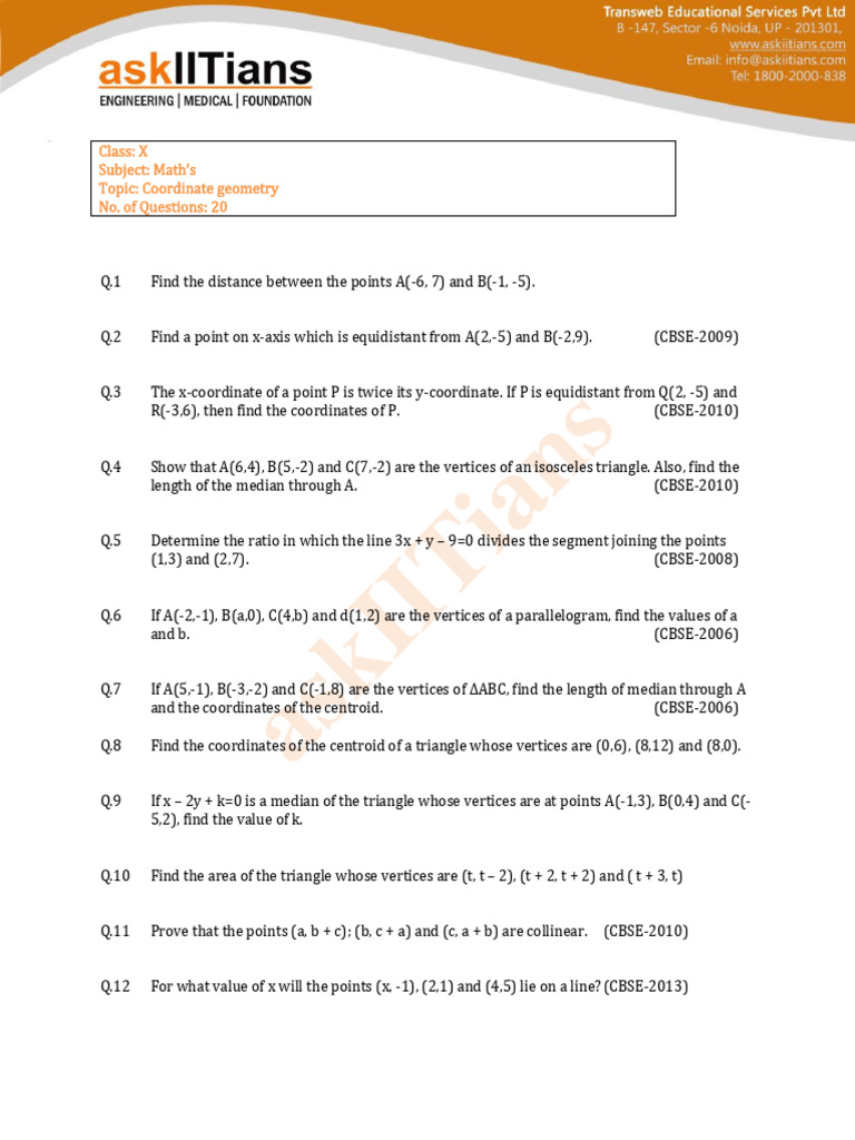 Math Coordinate Geometry Questions | PDF | Area | Triangle