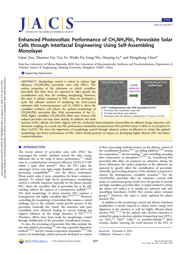 Enhanced Photovoltaic Performance of CH NH Pbi Perovskite Solar Cells Through Interfacial ...